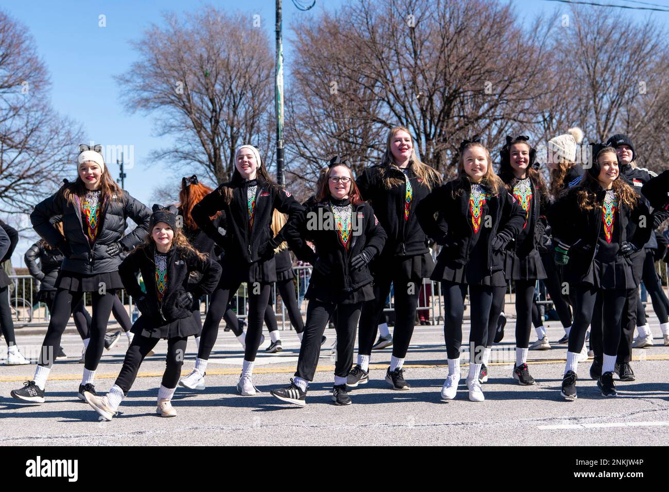 Girls with The Trinity Irish Dancers dance for the crowd during the St ...