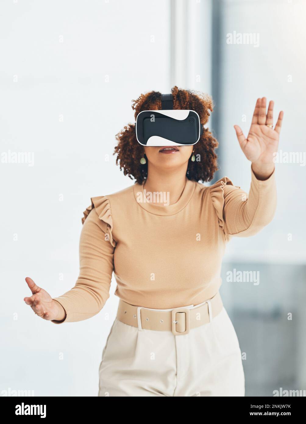 Virtual reality, metaverse and business woman in the office planning a ...
