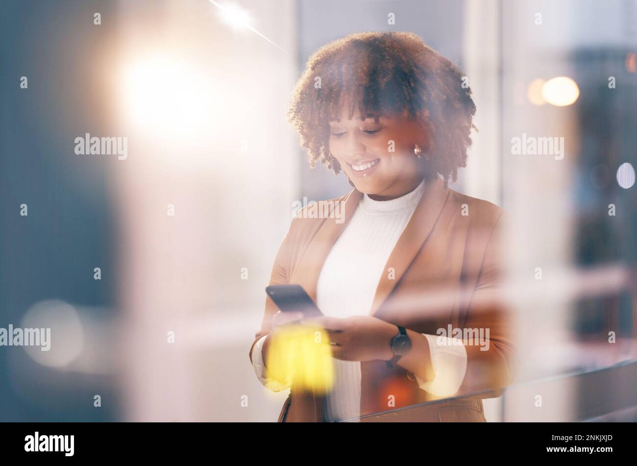 Happy, social media and black woman typing on a phone for communication ...