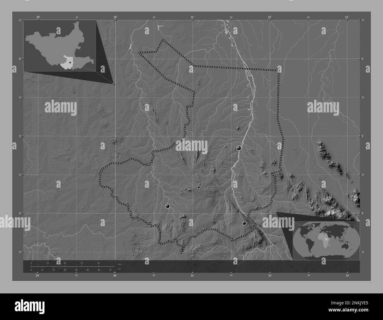 Central Equatoria, state of South Sudan. Bilevel elevation map with ...