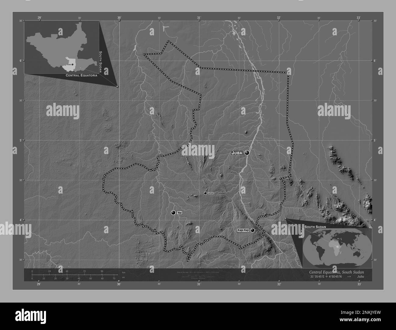 Central Equatoria, state of South Sudan. Bilevel elevation map with ...