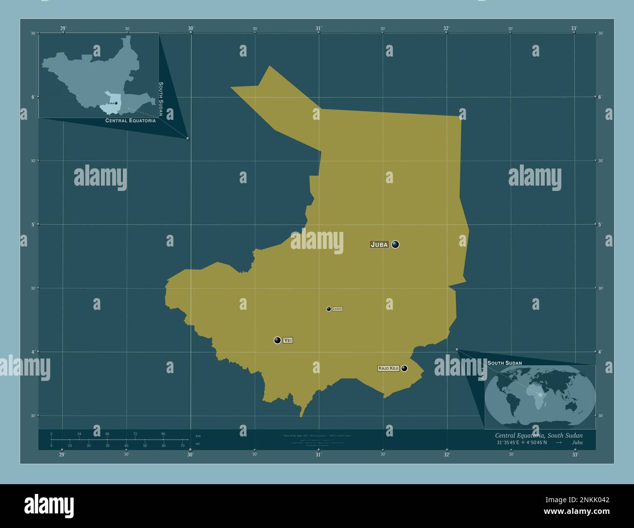 Central Equatoria, state of South Sudan. Solid color shape. Locations ...
