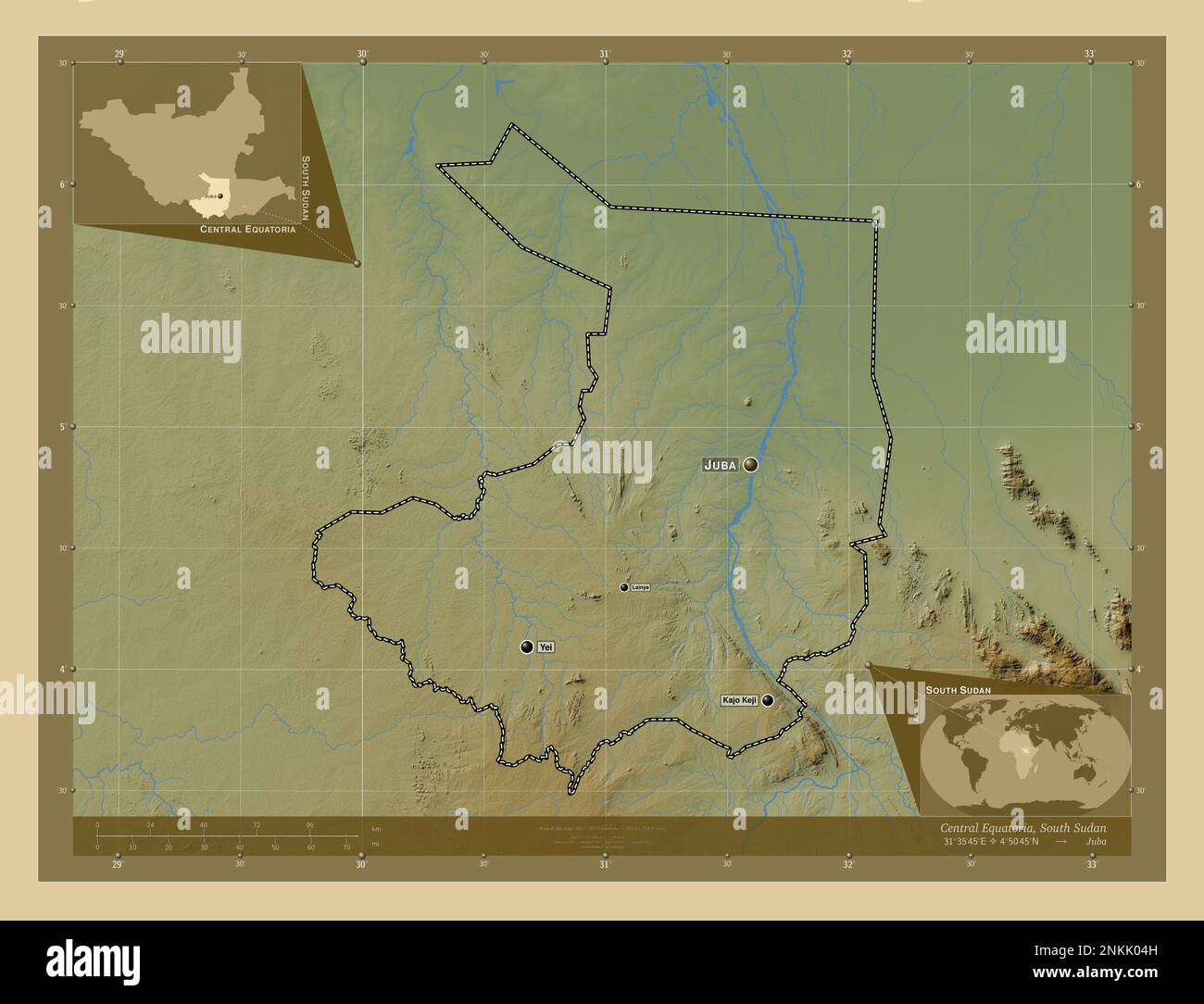 Central Equatoria, state of South Sudan. Colored elevation map with ...