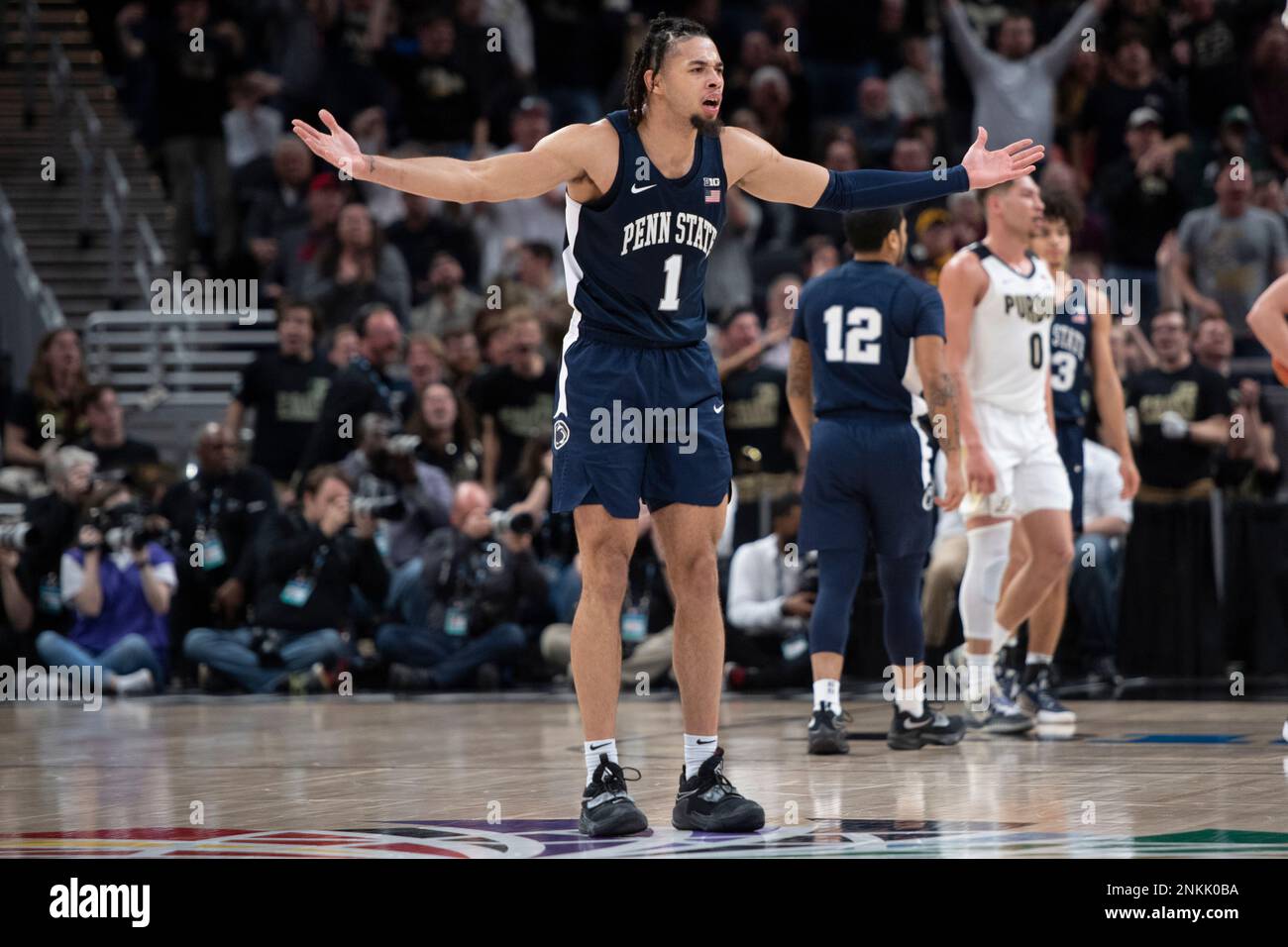 Penn State forward Seth Lundy (1) reacts to a call made by an official ...