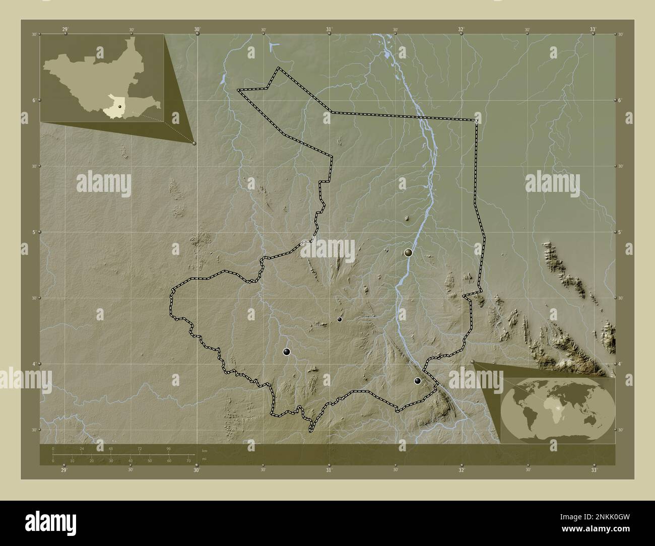 Central Equatoria, state of South Sudan. Elevation map colored in wiki ...