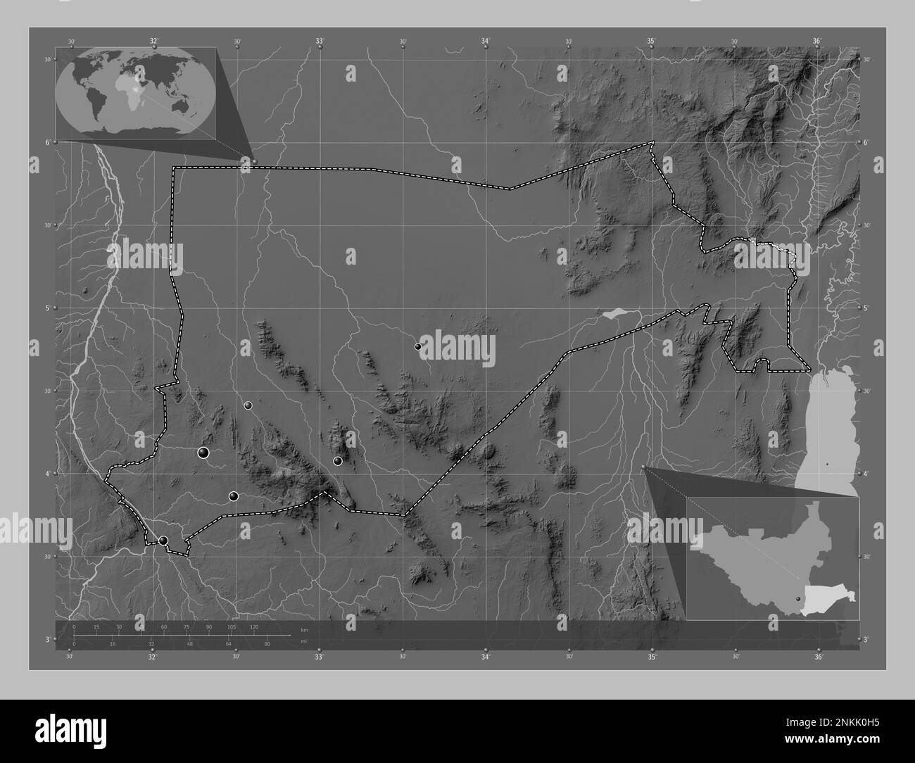 Eastern Equatoria, state of South Sudan. Grayscale elevation map with ...
