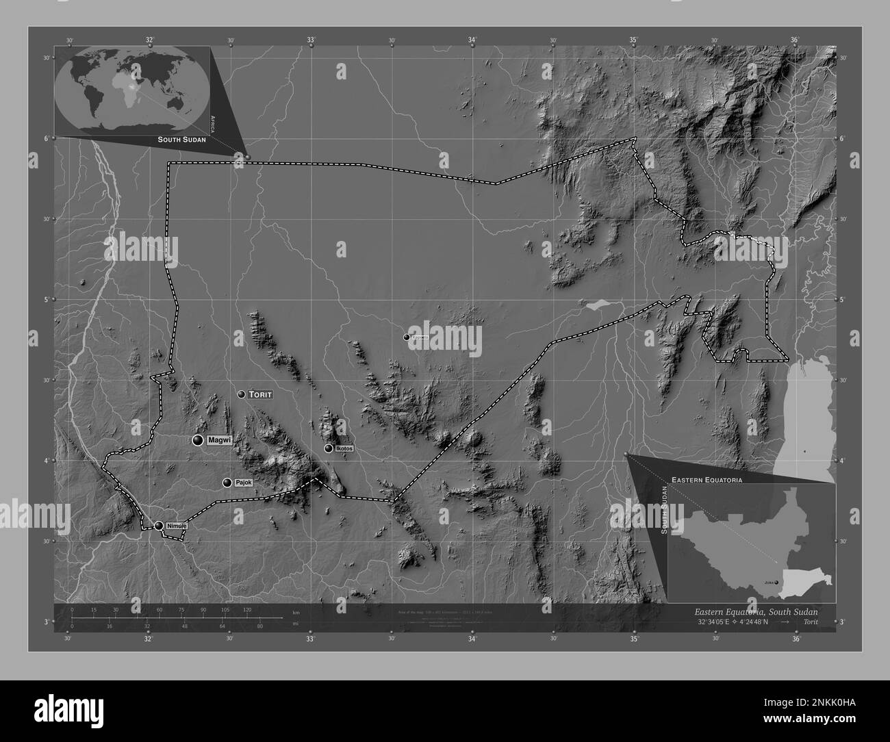 Eastern Equatoria, state of South Sudan. Bilevel elevation map with ...