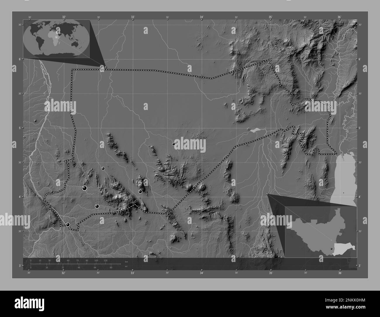 Eastern Equatoria, state of South Sudan. Bilevel elevation map with ...