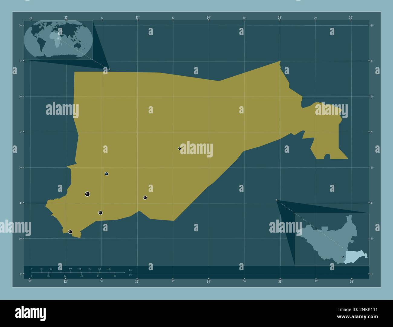 Eastern Equatoria, state of South Sudan. Solid color shape. Locations ...