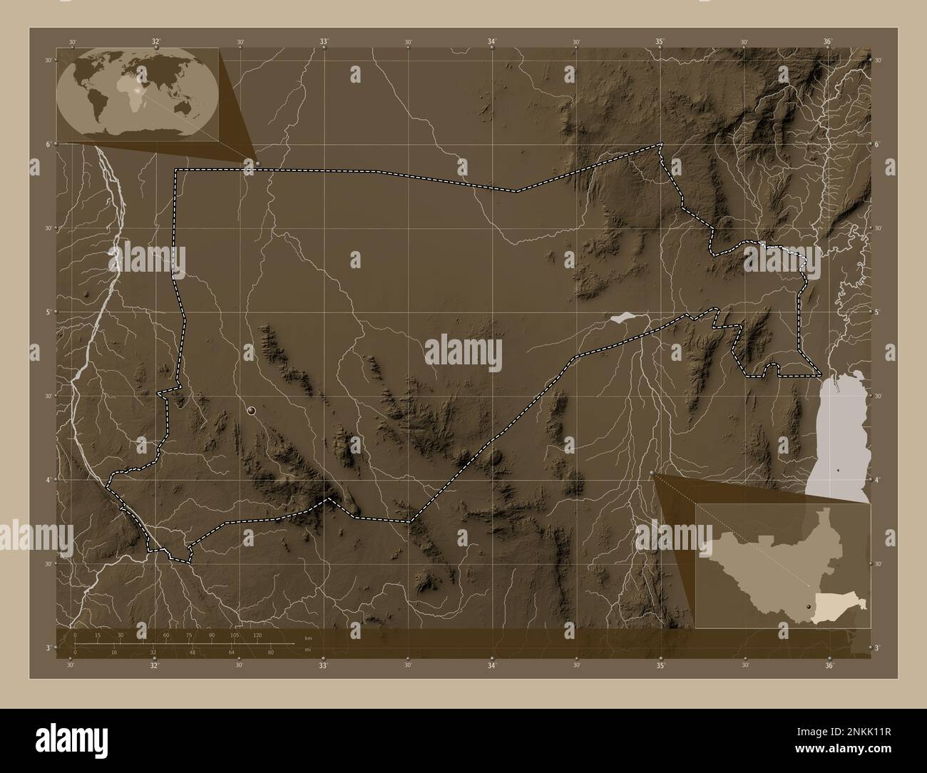 Eastern Equatoria, state of South Sudan. Elevation map colored in sepia ...