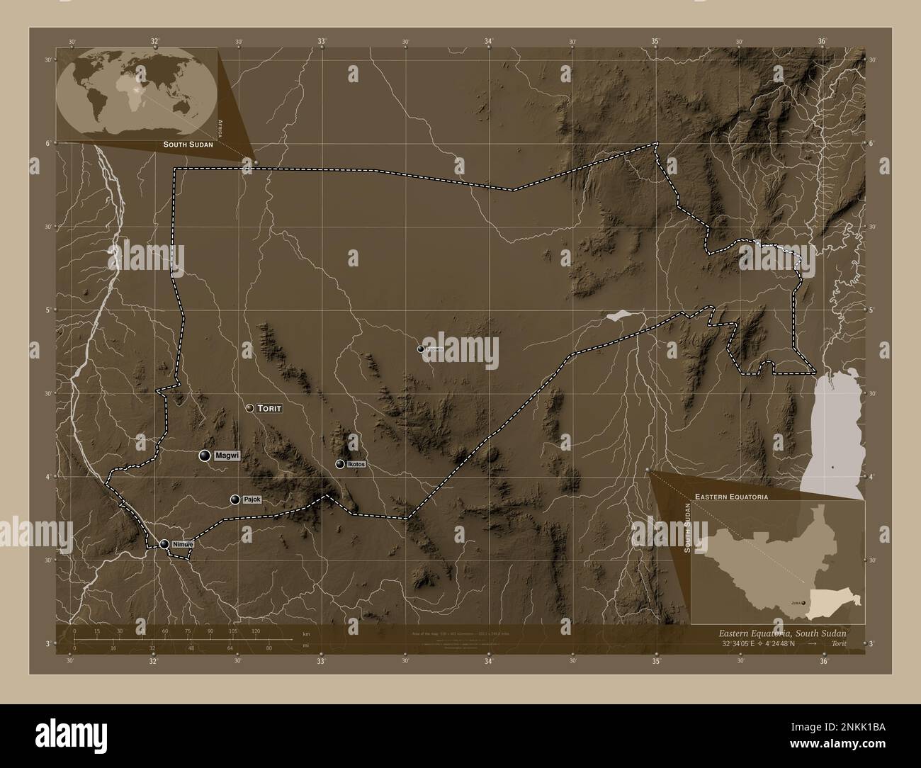 Eastern Equatoria, state of South Sudan. Elevation map colored in sepia ...