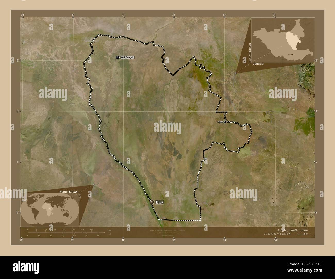 Jonglei, state of South Sudan. Low resolution satellite map. Locations ...