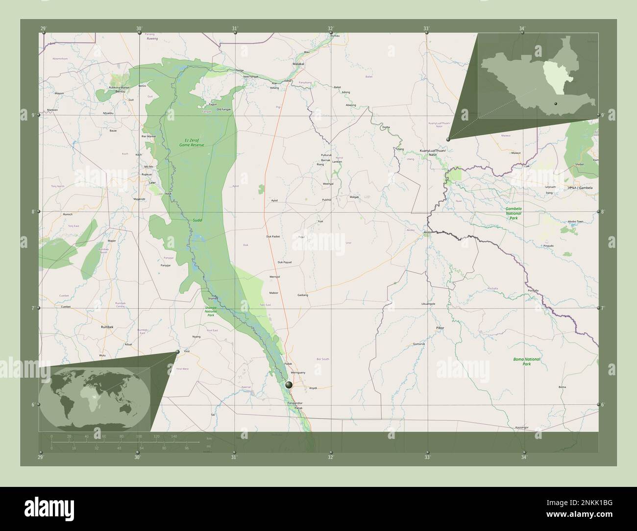 Jonglei, state of South Sudan. Open Street Map. Corner auxiliary ...