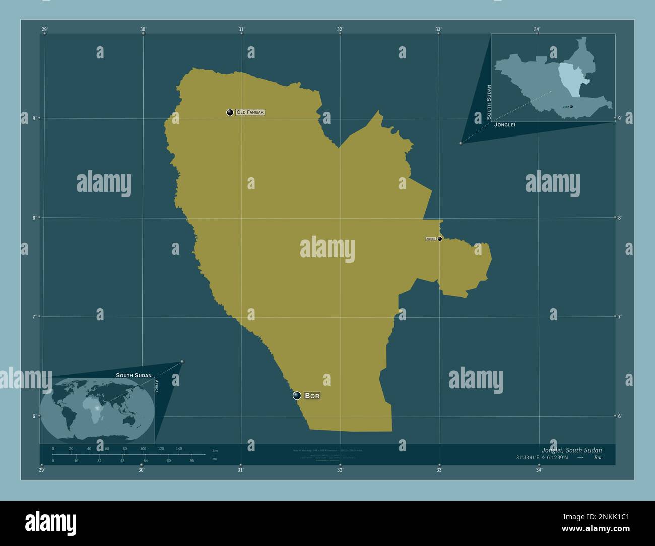Jonglei, state of South Sudan. Solid color shape. Locations and names ...