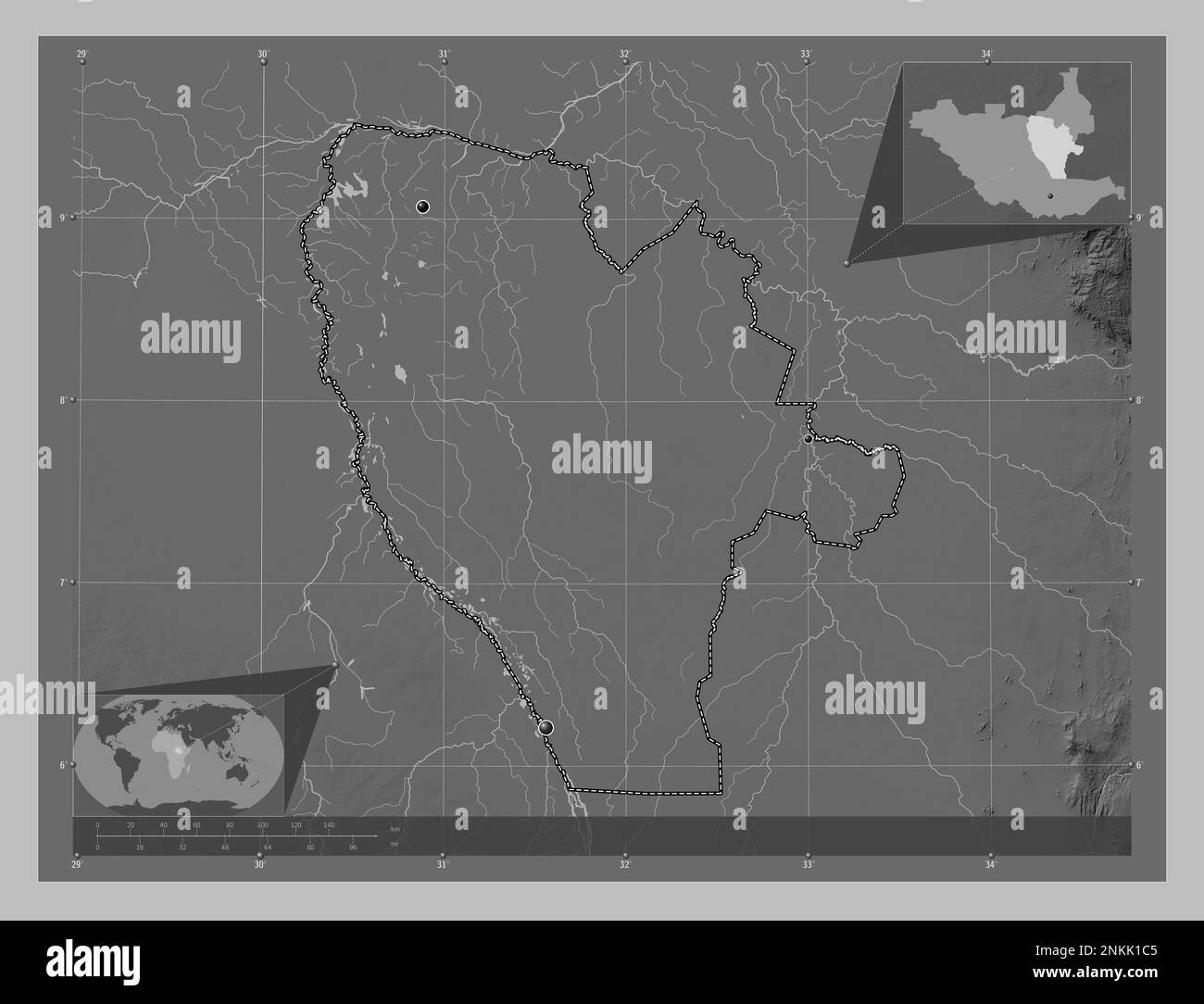 Jonglei, state of South Sudan. Grayscale elevation map with lakes and ...