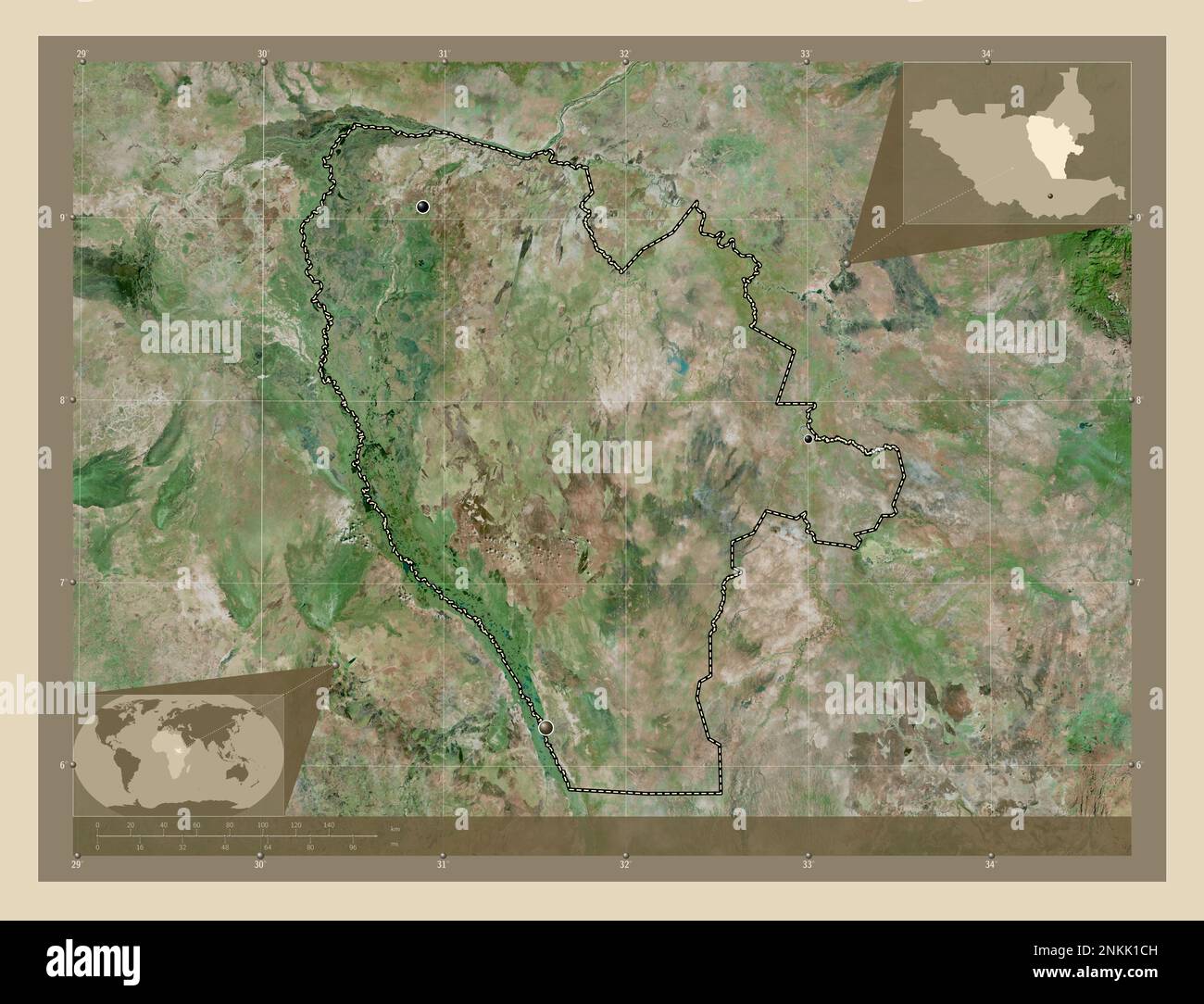 Jonglei, state of South Sudan. High resolution satellite map. Locations ...