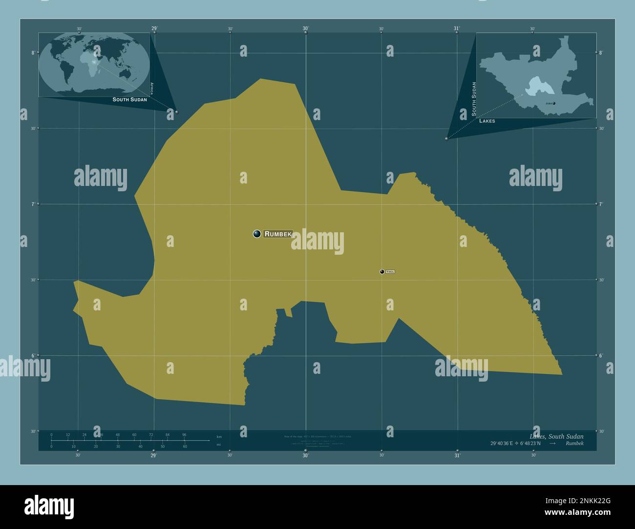 Lakes, state of South Sudan. Solid color shape. Locations and names of ...