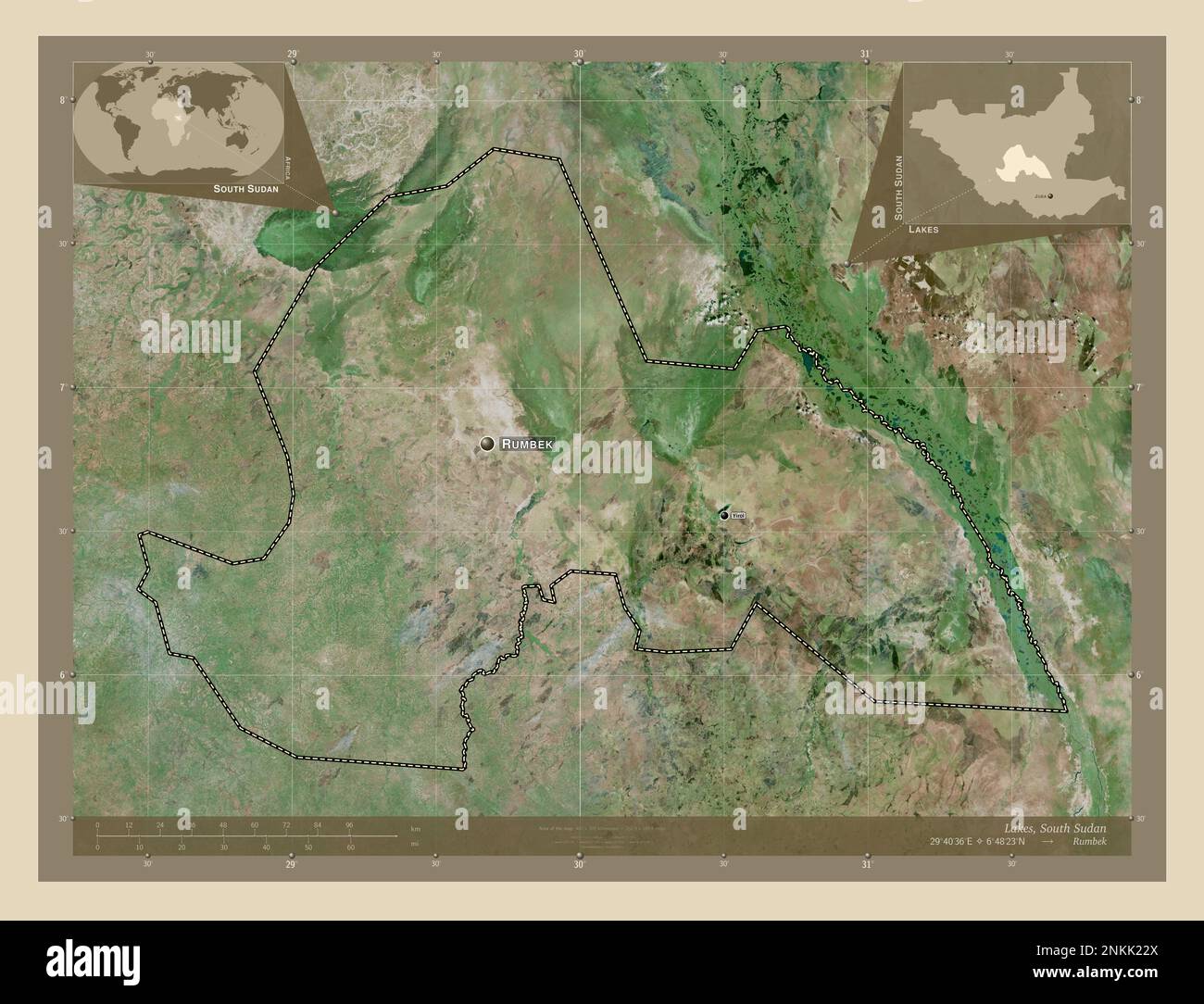 Lakes, state of South Sudan. High resolution satellite map. Locations ...