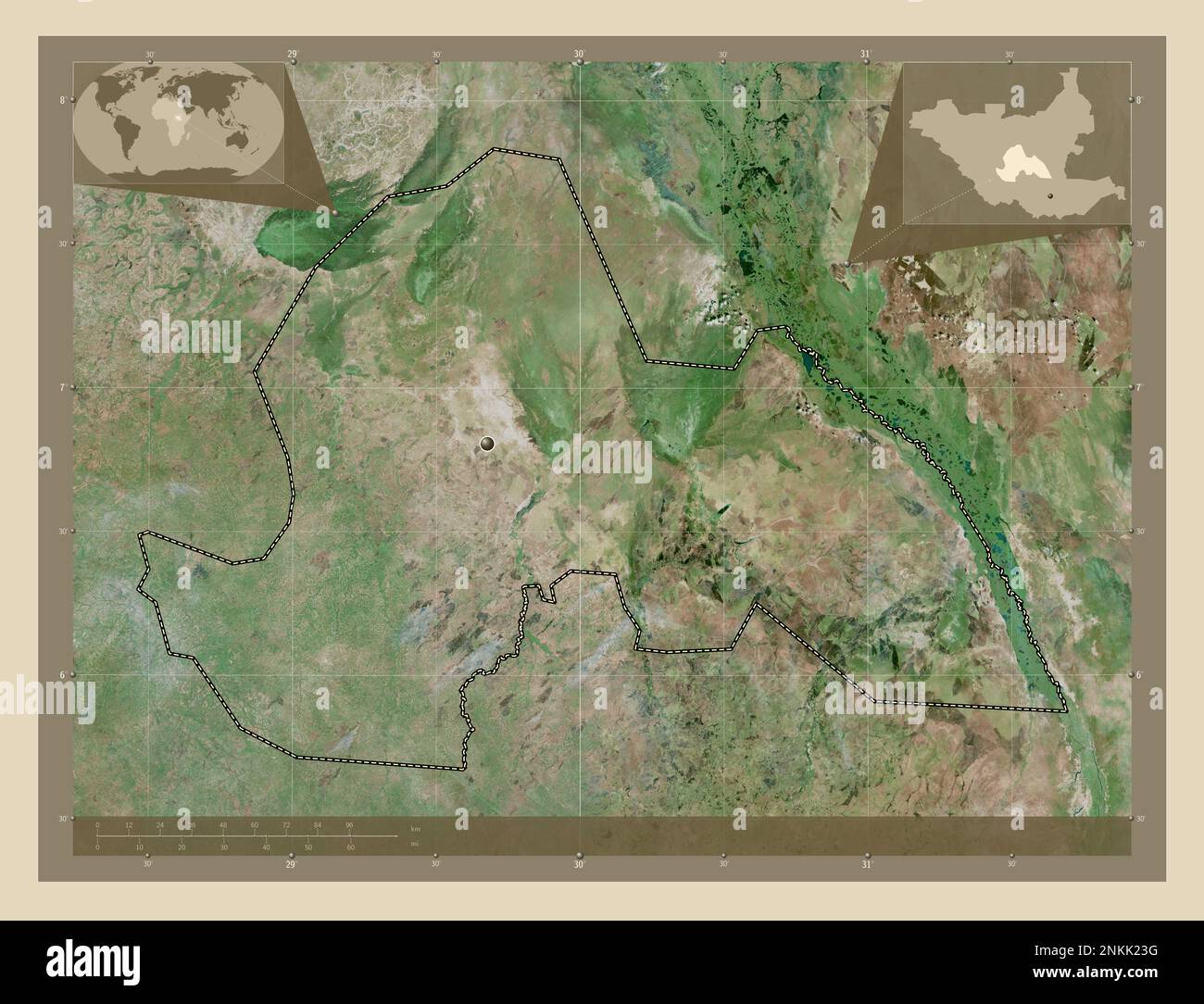 Lakes, state of South Sudan. High resolution satellite map. Corner ...