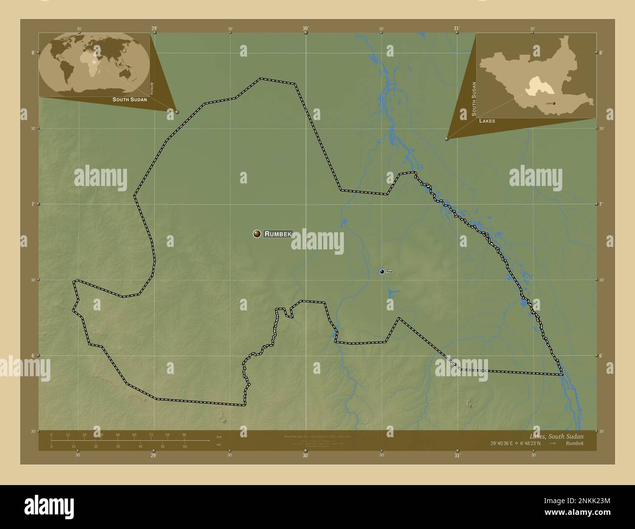 Lakes, state of South Sudan. Colored elevation map with lakes and ...
