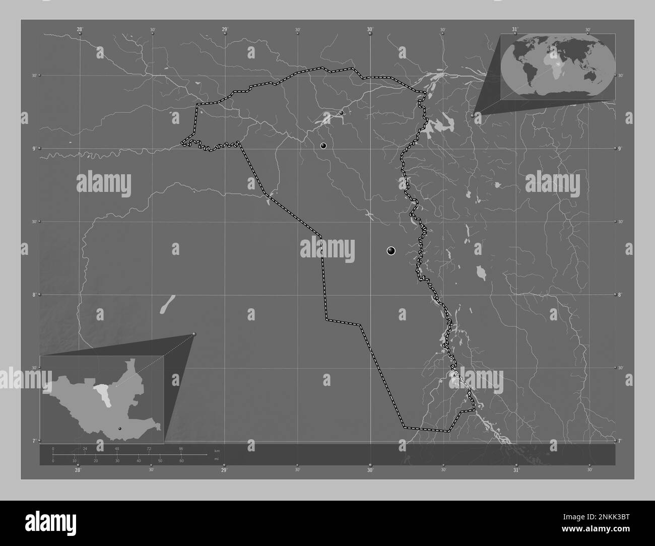 Unity, state of South Sudan. Grayscale elevation map with lakes and ...