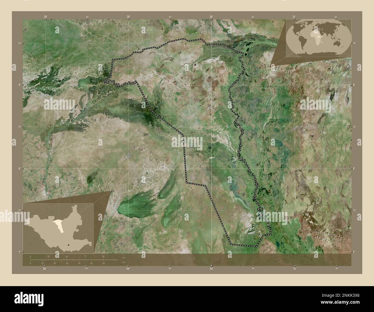 Unity, state of South Sudan. High resolution satellite map. Corner ...