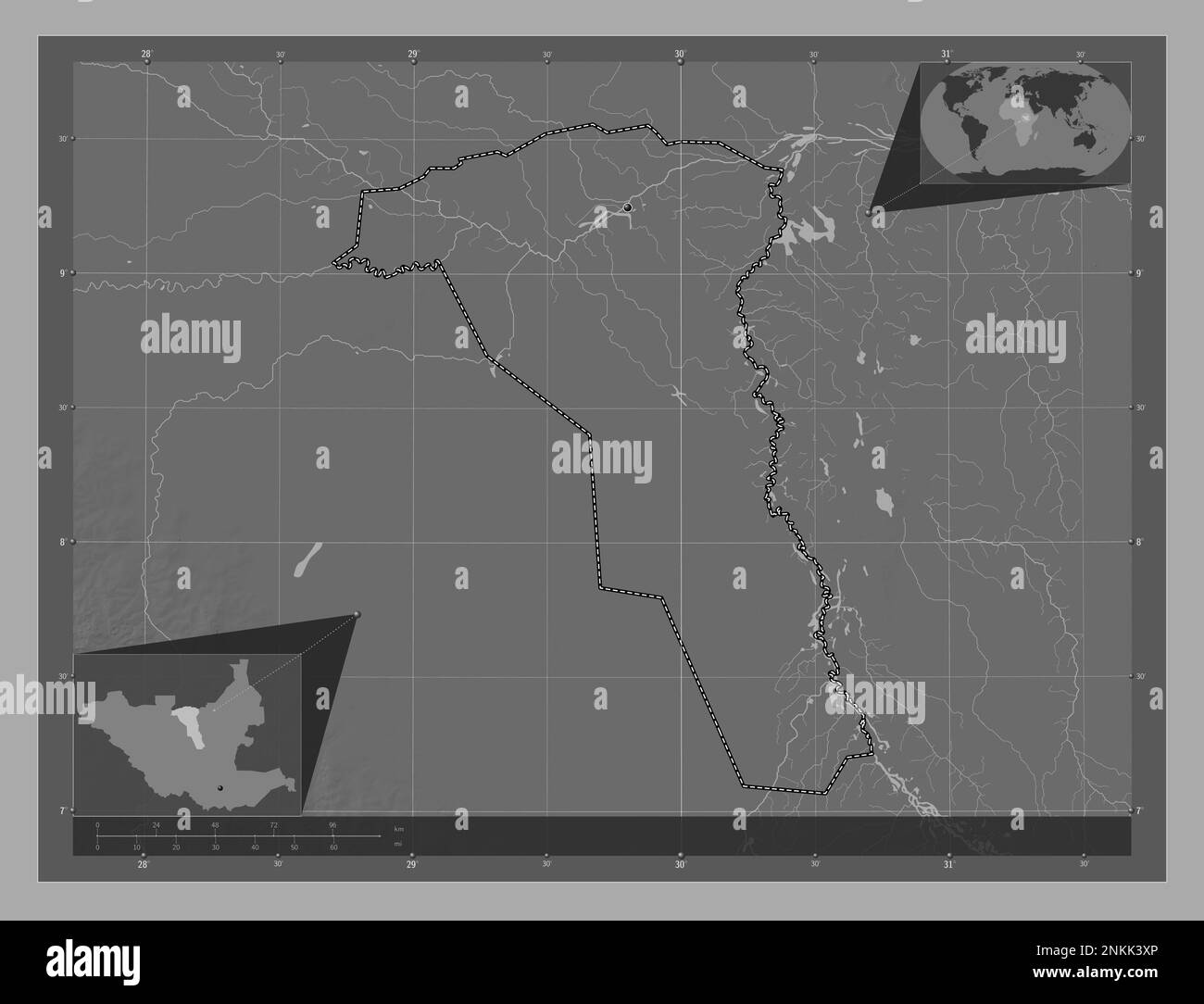 Unity, state of South Sudan. Bilevel elevation map with lakes and ...