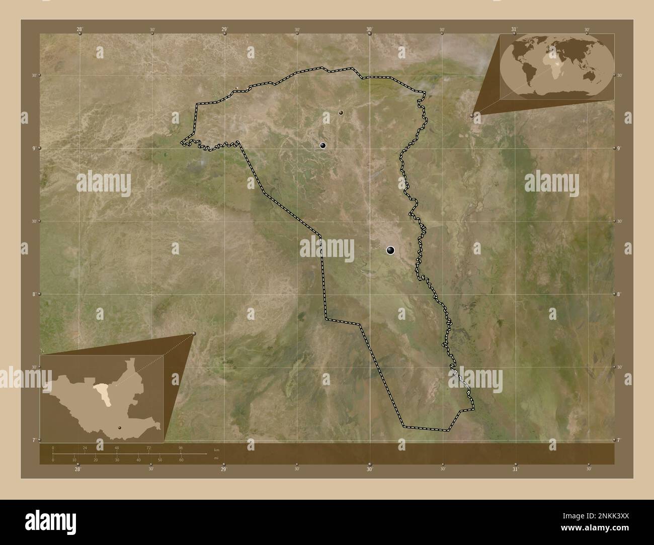 Unity, state of South Sudan. Low resolution satellite map. Locations of ...