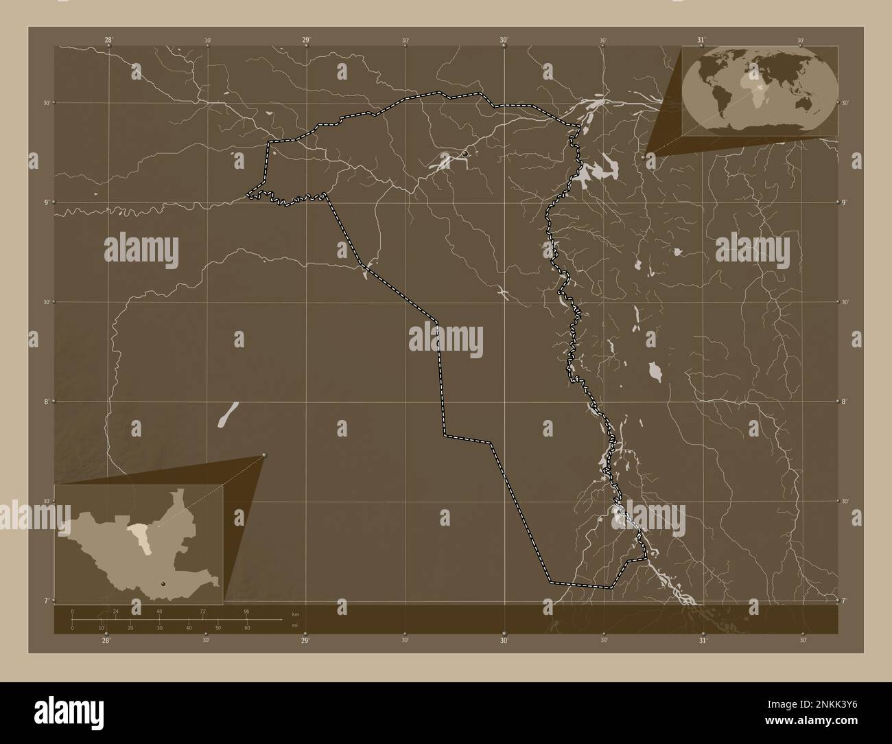 Unity, state of South Sudan. Elevation map colored in sepia tones with ...