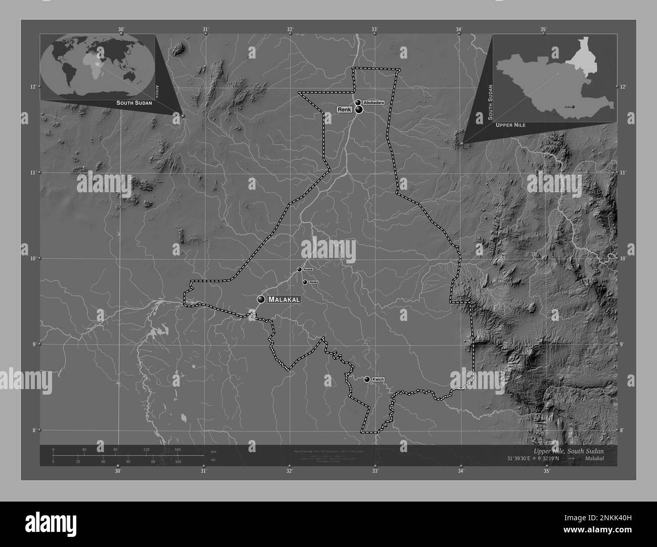 Upper Nile, state of South Sudan. Bilevel elevation map with lakes and ...