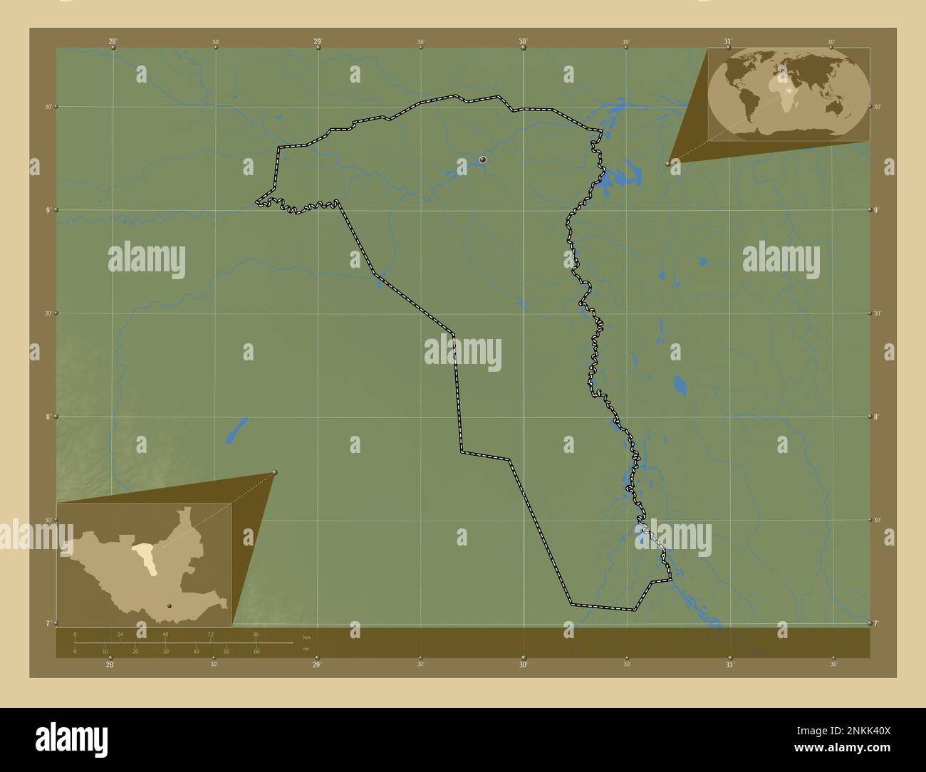 Unity, state of South Sudan. Colored elevation map with lakes and ...