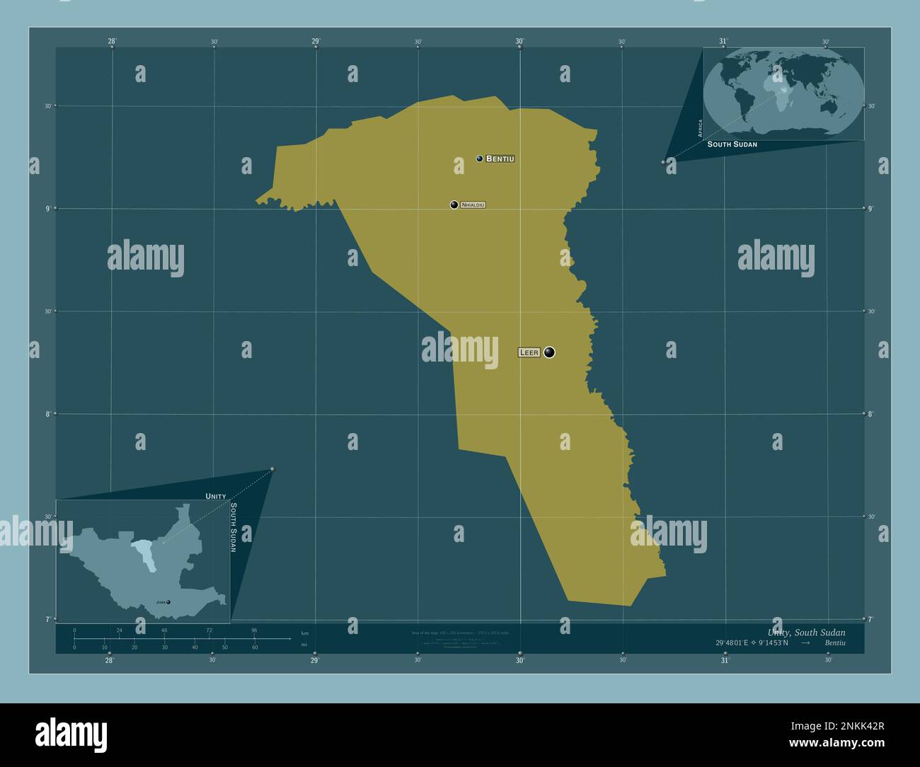 Unity, state of South Sudan. Solid color shape. Locations and names of ...