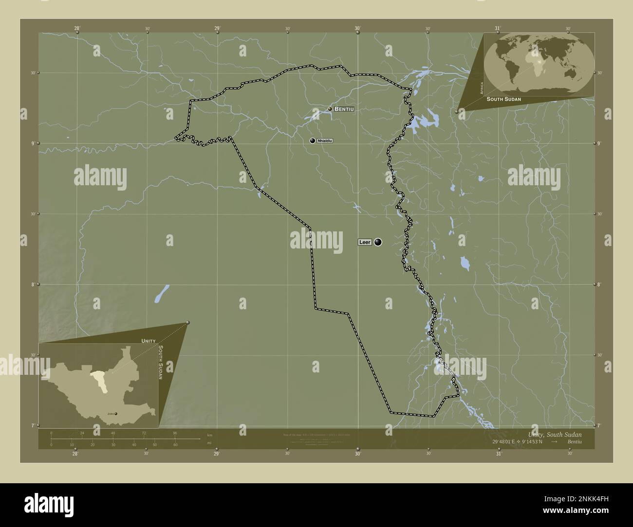 Unity, state of South Sudan. Elevation map colored in wiki style with ...