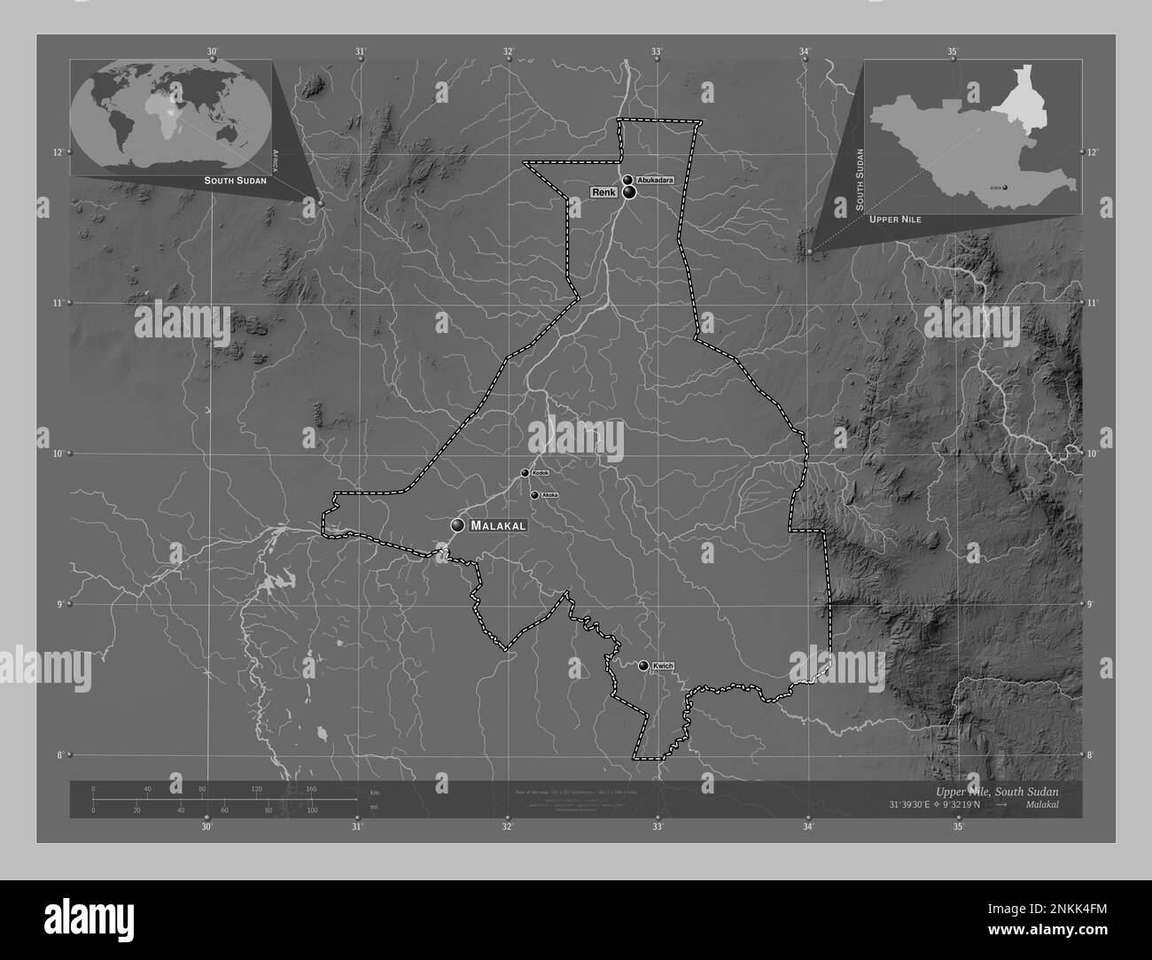Upper Nile, state of South Sudan. Grayscale elevation map with lakes ...