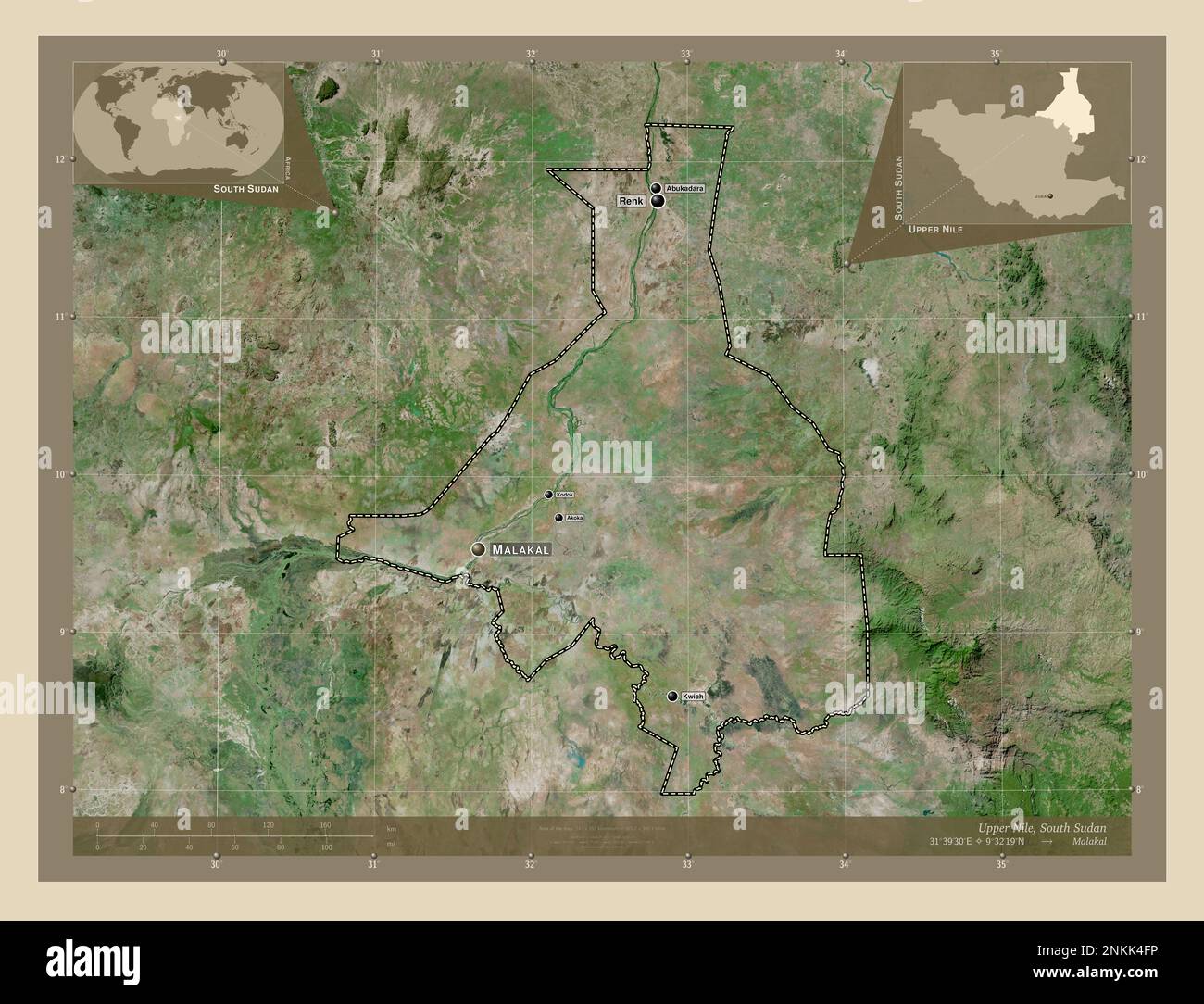 Upper Nile, state of South Sudan. High resolution satellite map ...