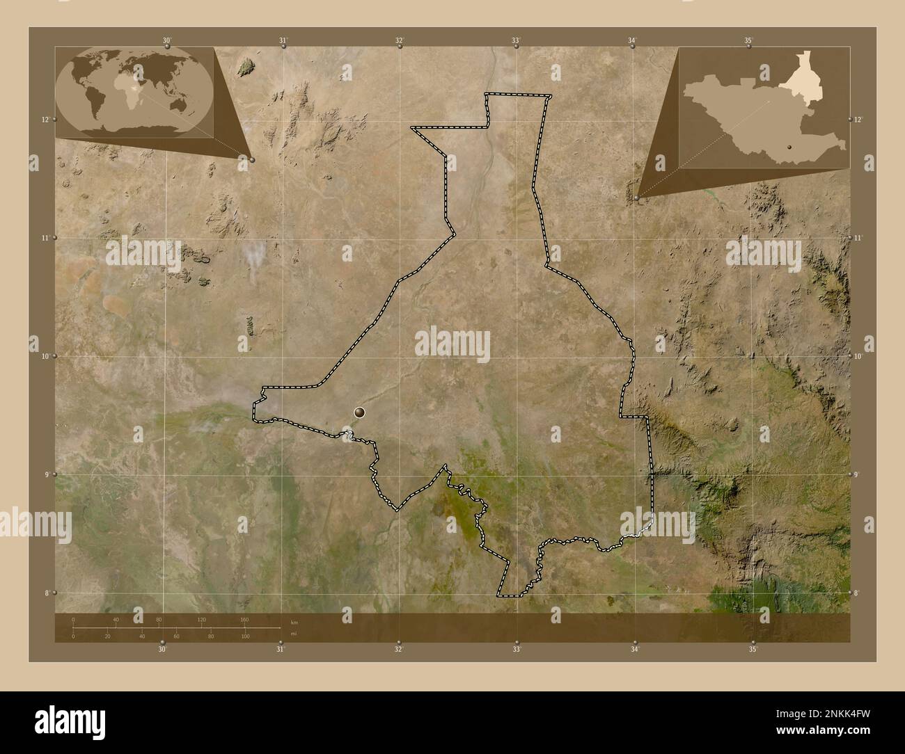 Upper Nile, state of South Sudan. Low resolution satellite map. Corner ...