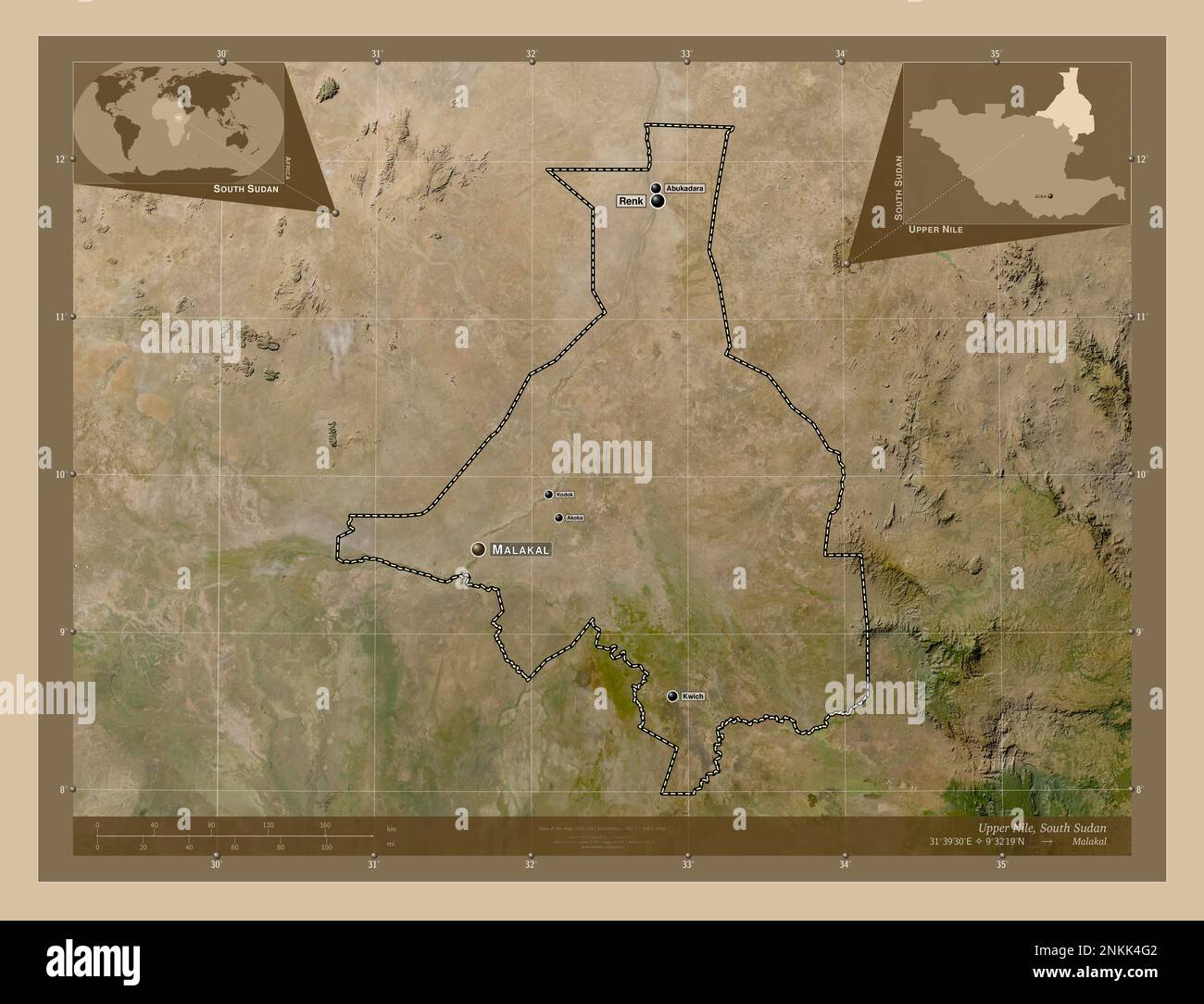 Upper Nile, state of South Sudan. Low resolution satellite map ...