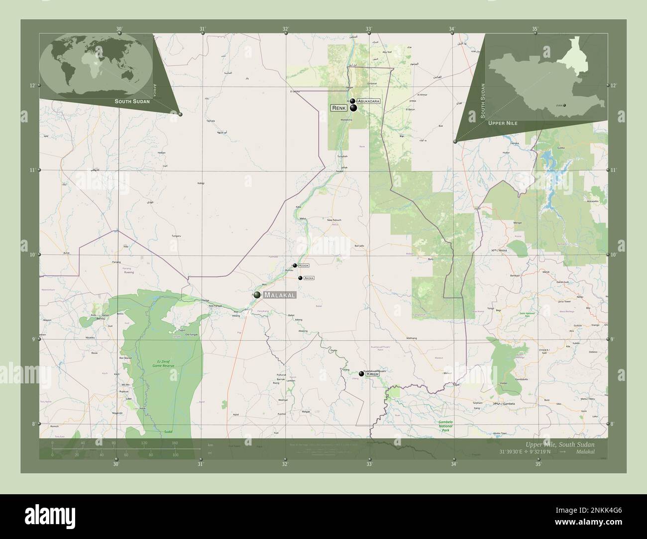 Upper Nile, state of South Sudan. Open Street Map. Locations and names ...
