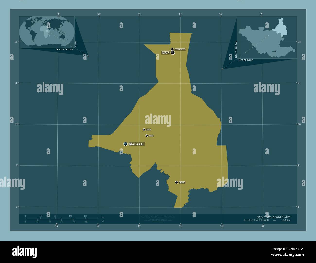 Upper Nile, state of South Sudan. Solid color shape. Locations and ...