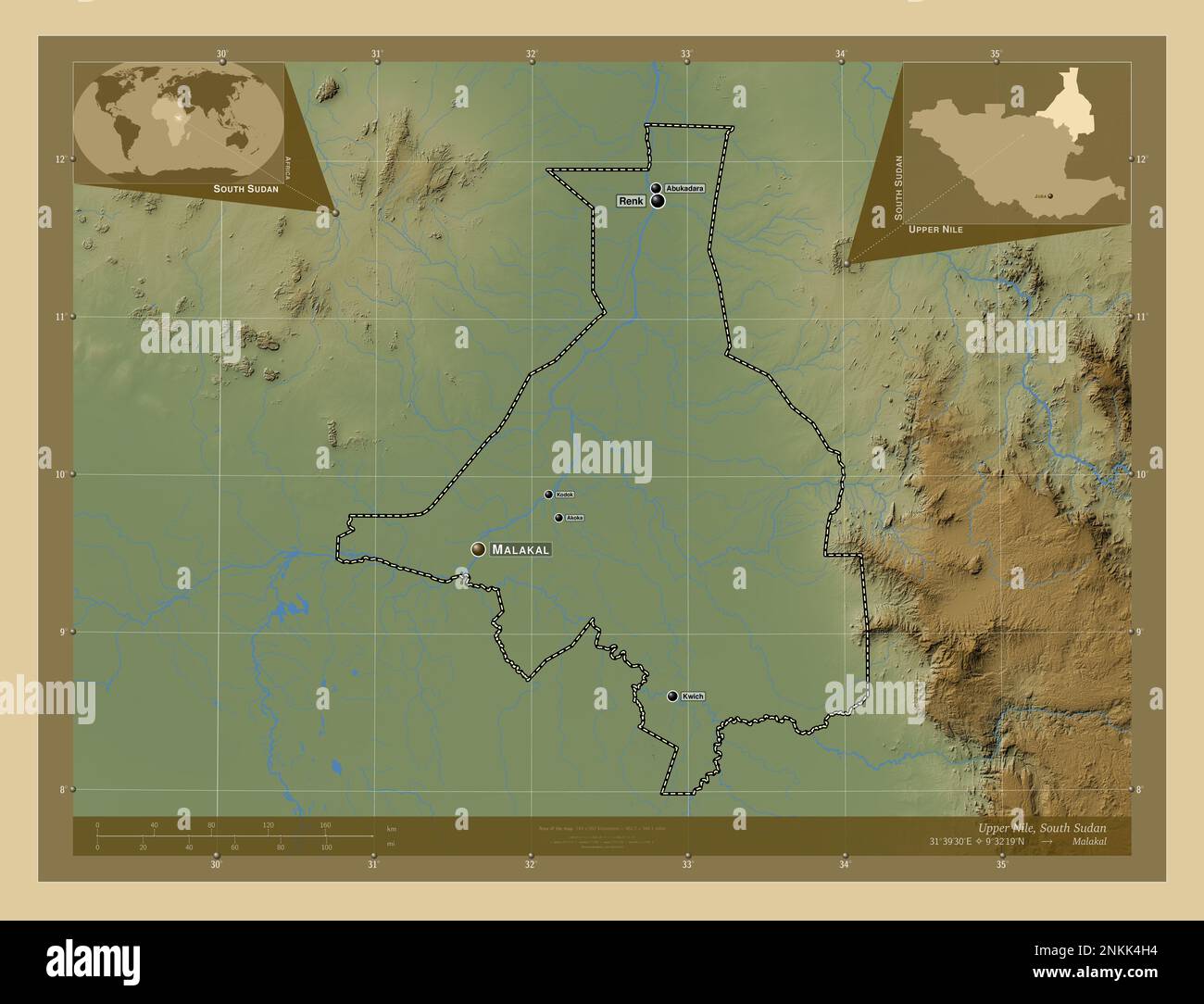 Upper Nile, state of South Sudan. Colored elevation map with lakes and ...
