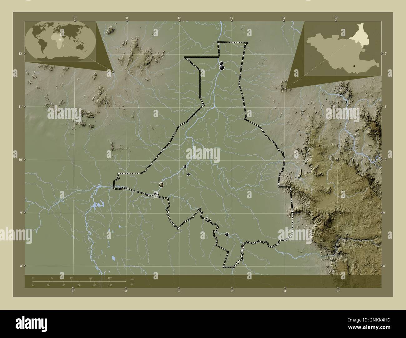 Upper Nile, state of South Sudan. Elevation map colored in wiki style ...