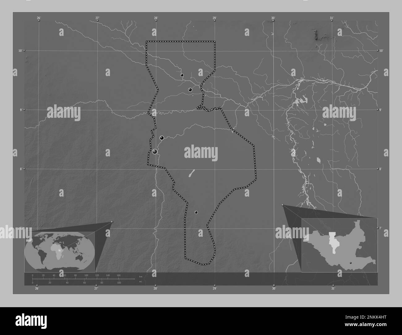 Warrap, state of South Sudan. Grayscale elevation map with lakes and ...