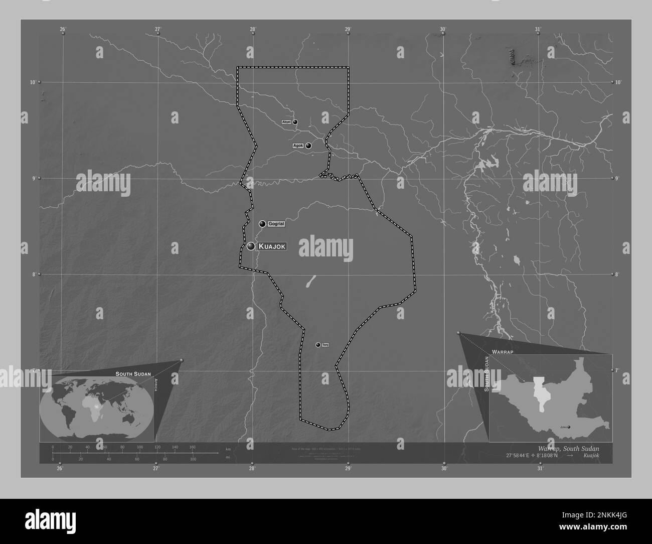 Warrap, state of South Sudan. Grayscale elevation map with lakes and ...