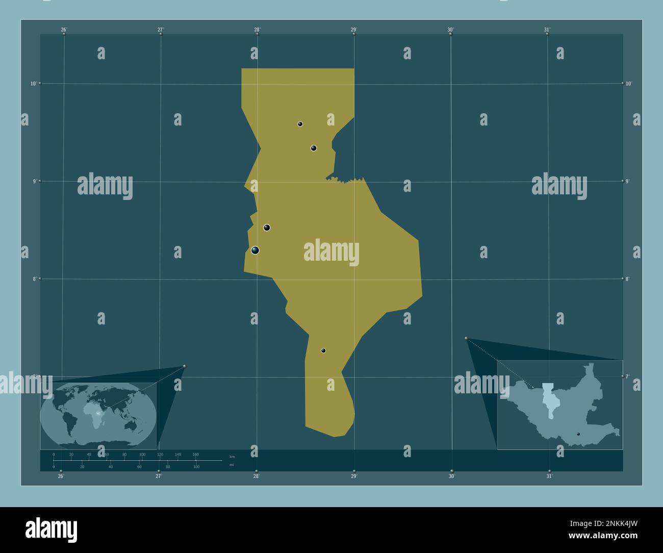 Warrap, state of South Sudan. Solid color shape. Locations of major ...