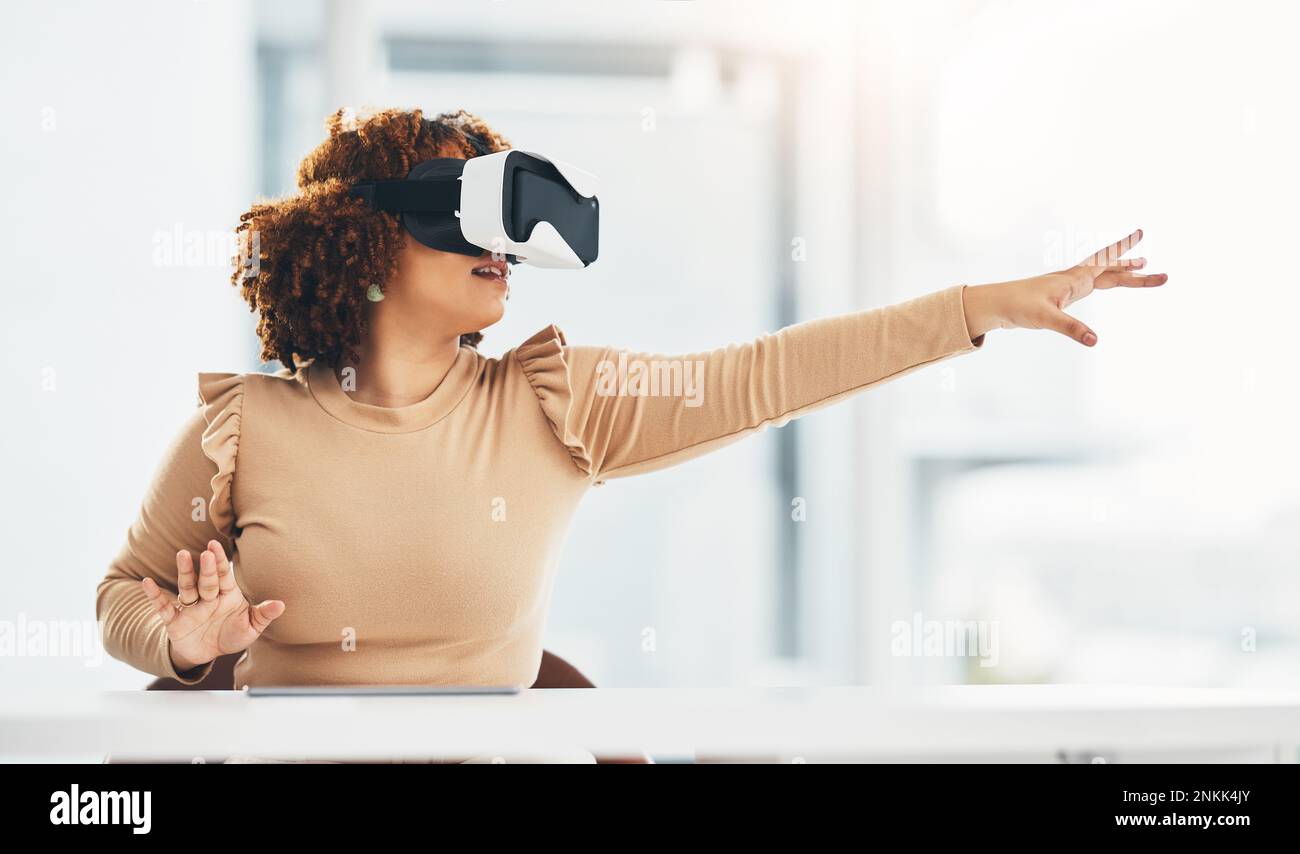 VR, business and woman with glasses for a metaverse, digital project ...