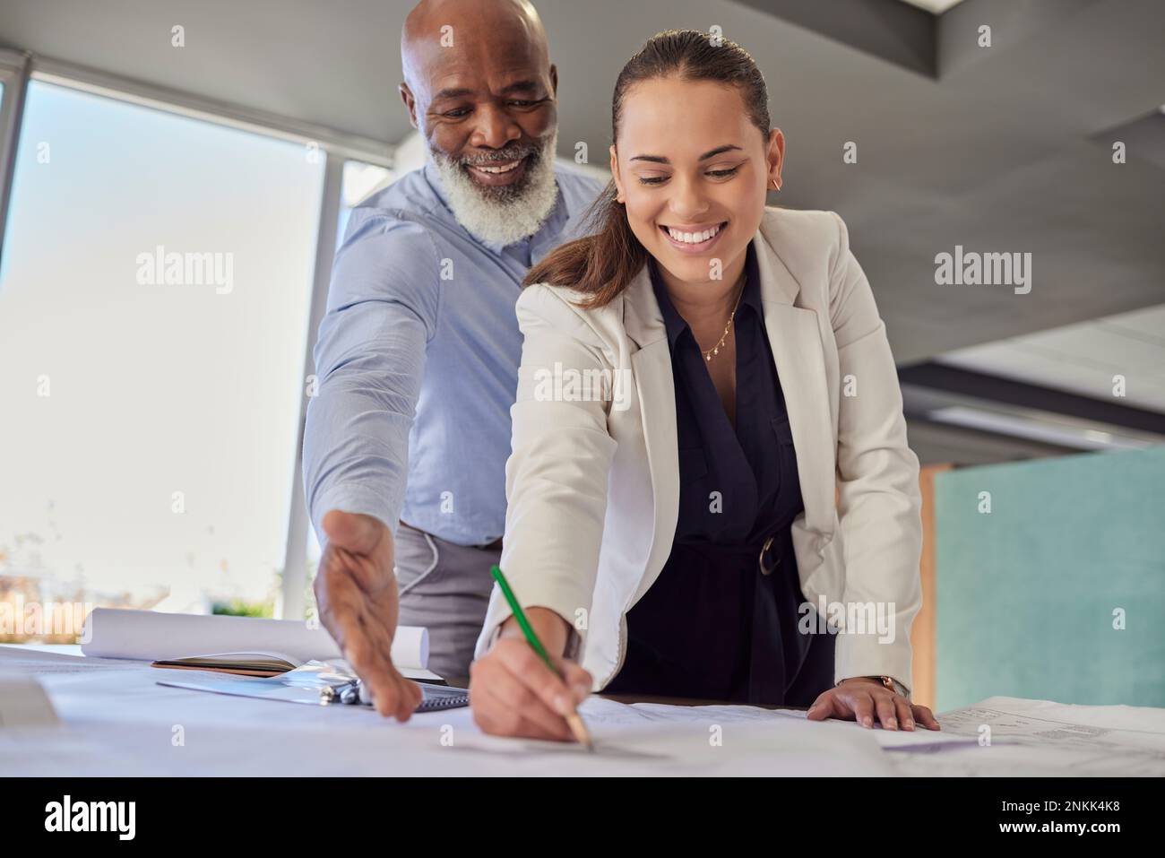 Architecture, writing and business people with blueprint, illustration ...