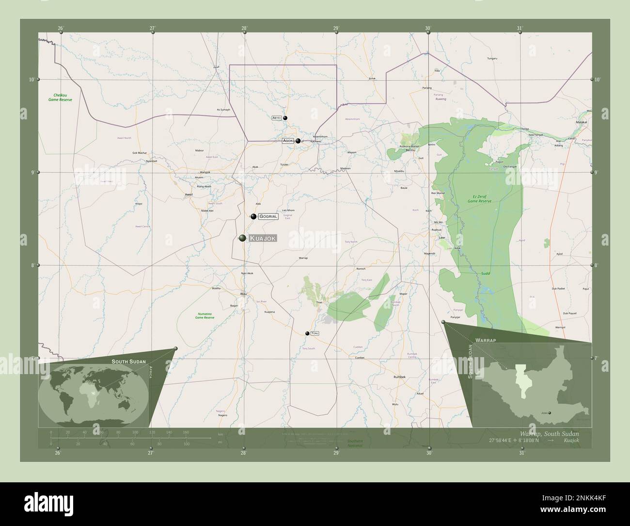 Warrap, state of South Sudan. Open Street Map. Locations and names of ...