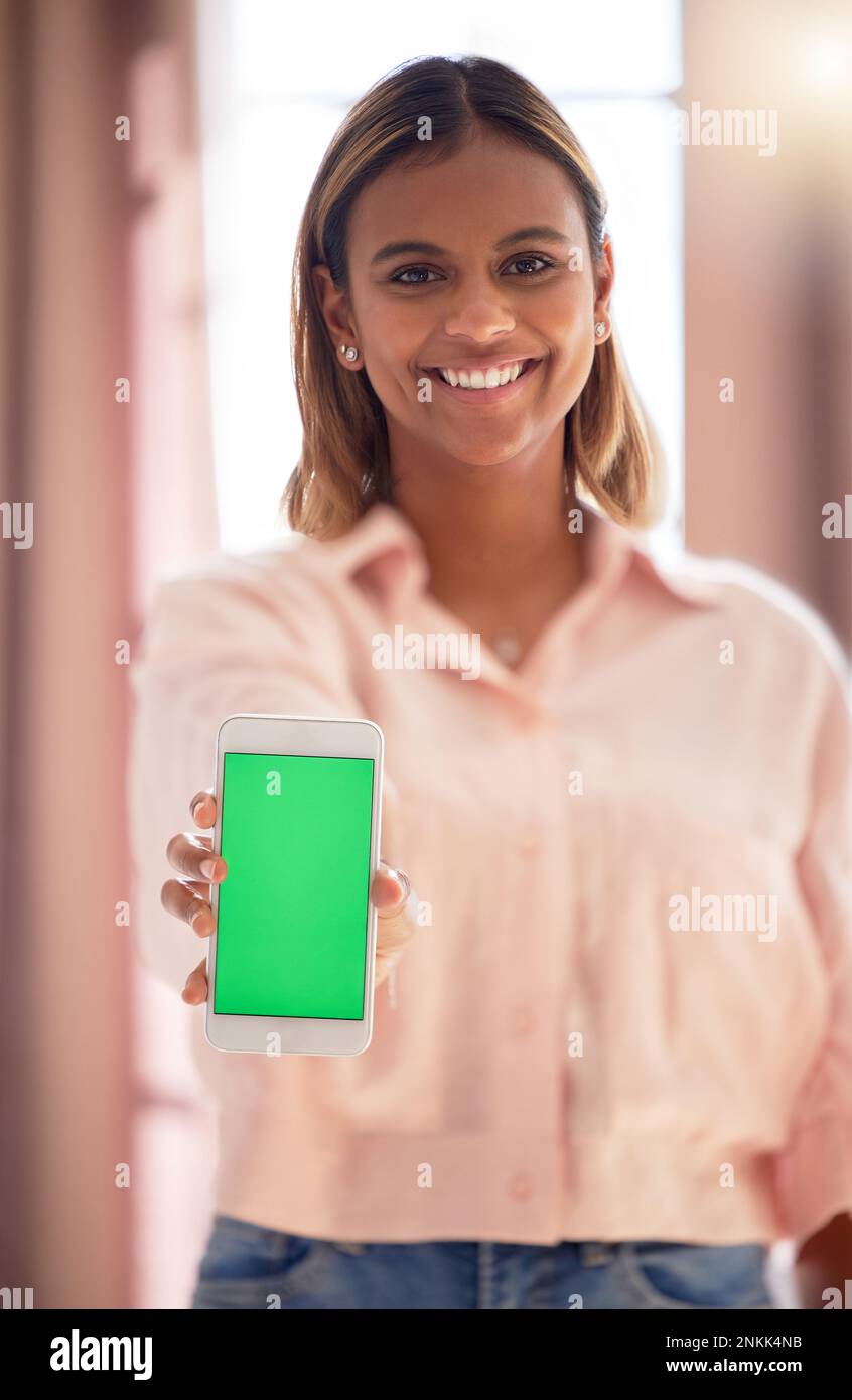 Phone green screen, portrait and woman with mobile app, cellphone ...