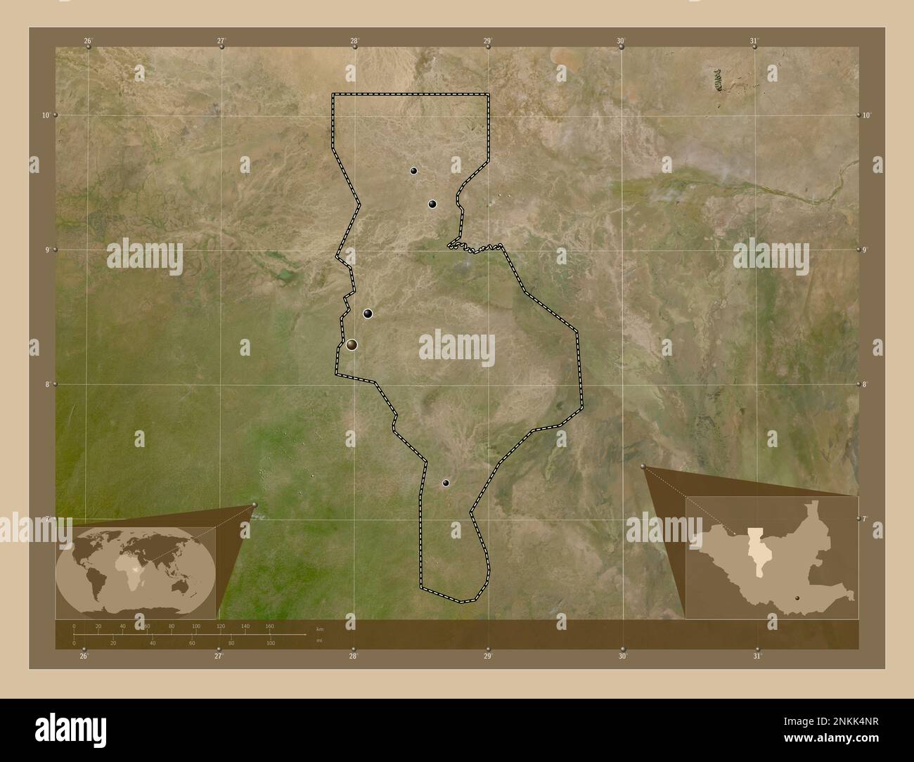 Warrap, state of South Sudan. Low resolution satellite map. Locations ...