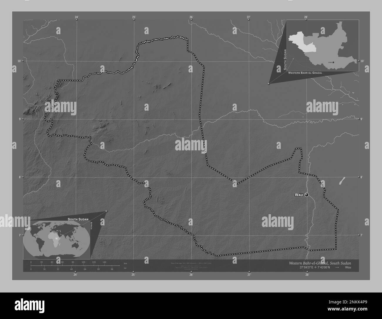 Western Bahr-el-Ghazal, state of South Sudan. Grayscale elevation map ...